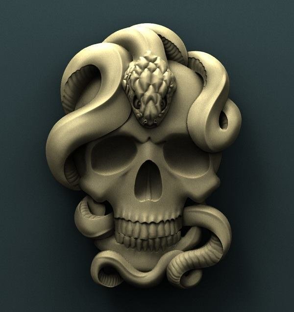"Skull and Snake" 3D STL Model Relief for CNC Router Aspire Artcam
