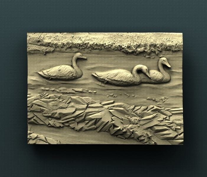 "The Ducks on Lake" 3D STL Model Relief for CNC Router Aspire Artcam