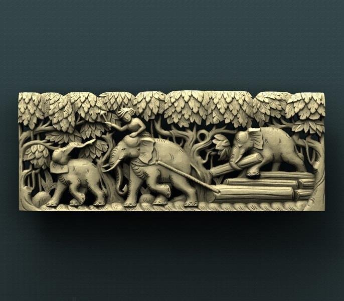 "Hindu Elephants" 3D STL Model Relief for CNC Router Aspire Artcam