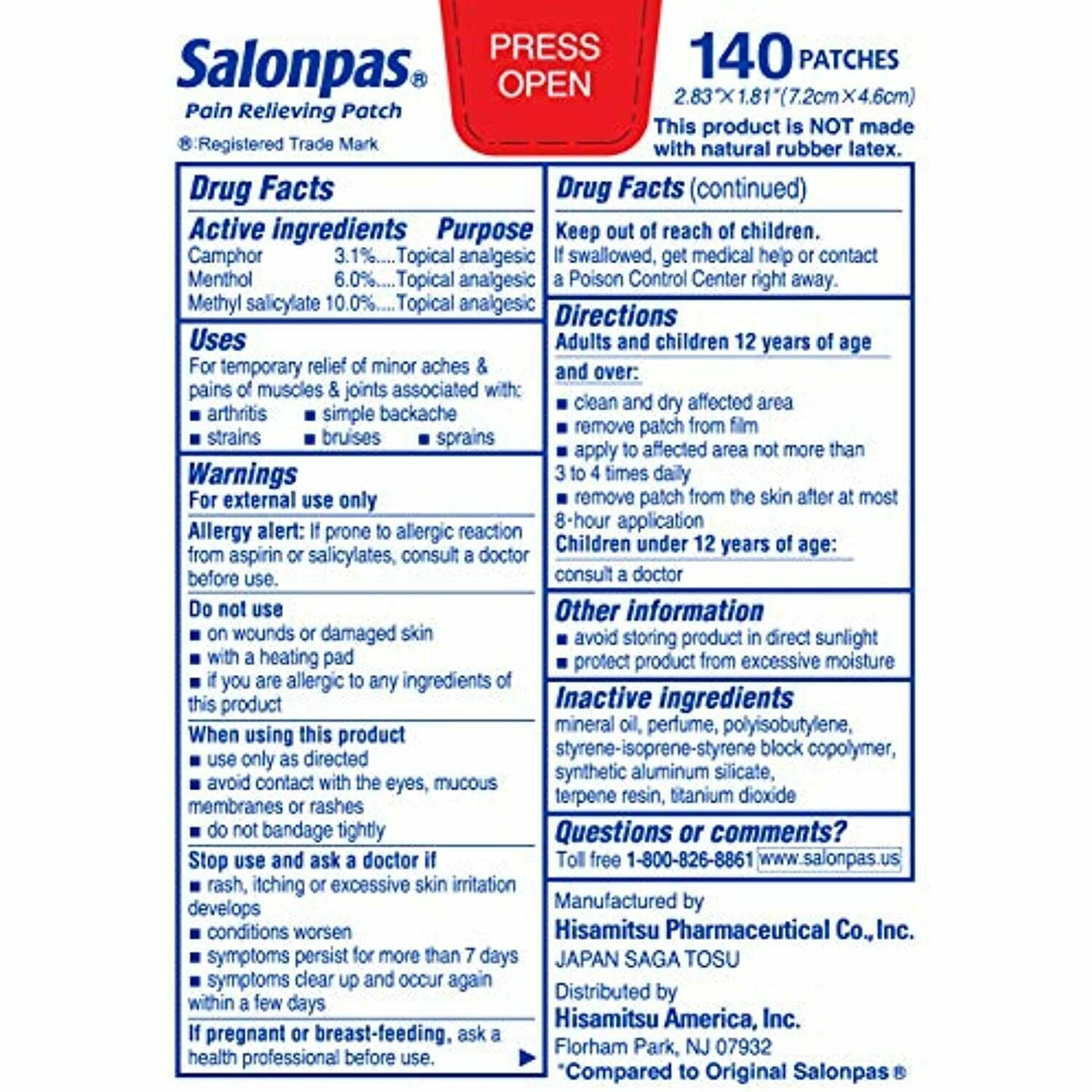 Salonpas Pain Relieving Patch, 140 Patches -cp