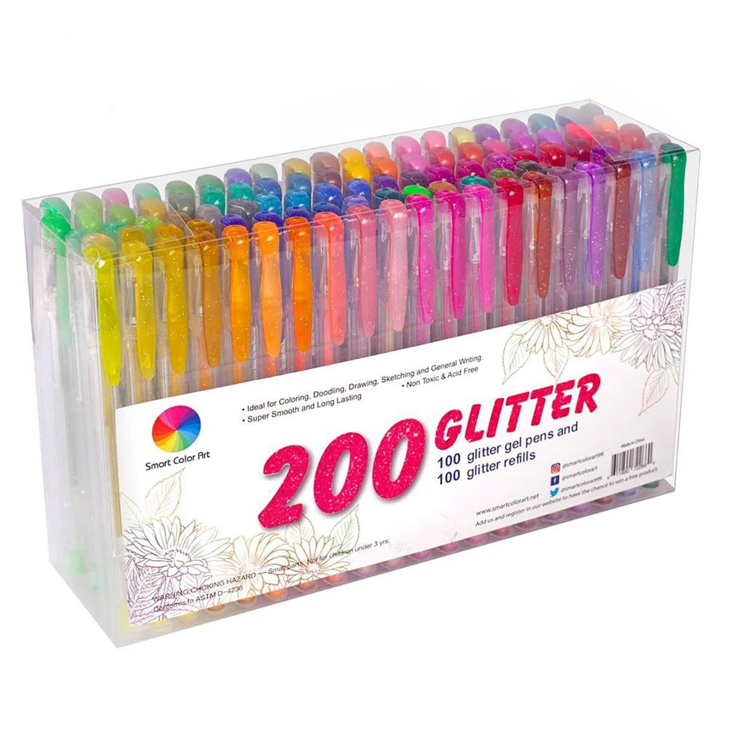 200 Pack Glitter Gel Pens Set, Smart Color Art 100 Colors Gel Pens with ...