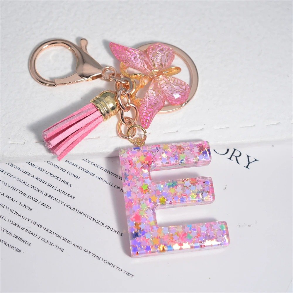 E Pink Star Sequin Filled Keychain for Women