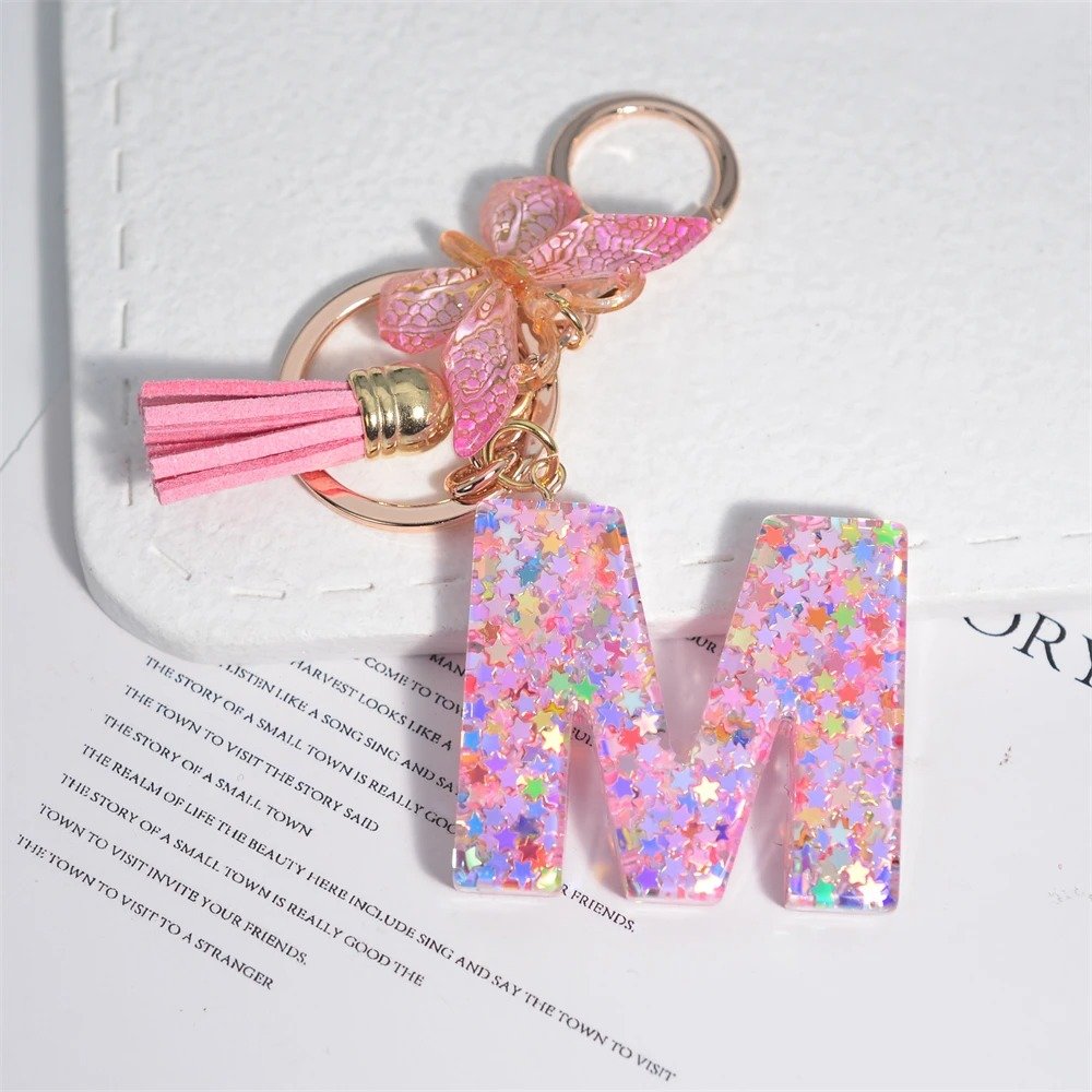 M Pink Star Sequin Filled Keychain for Women