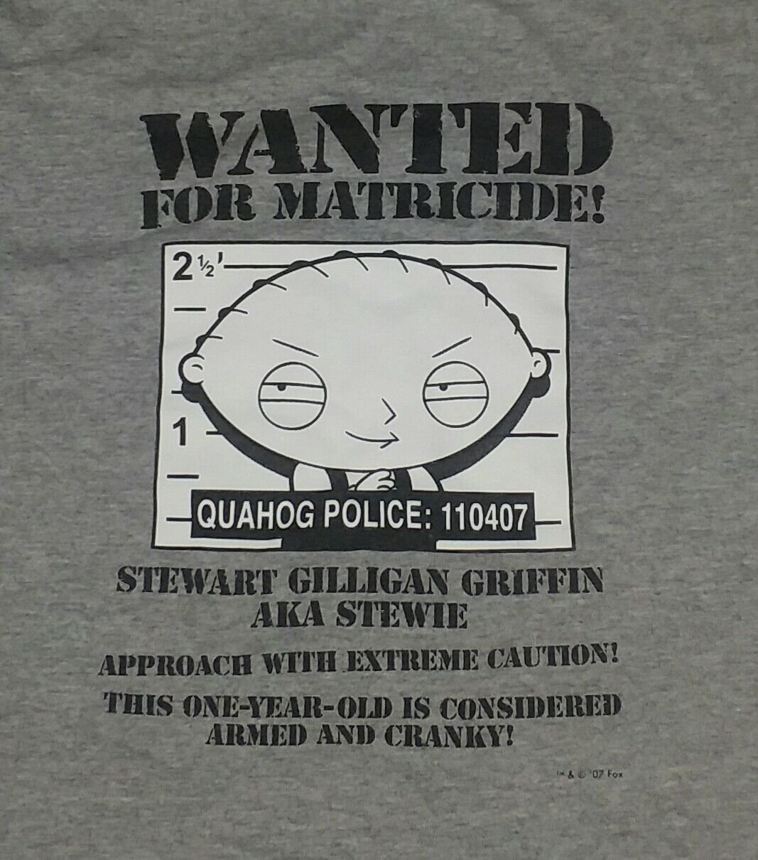 family guy STEWIE Quahog Police 100TH Episode gray t shirt L south park ...