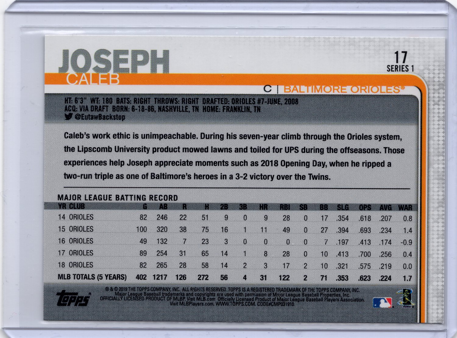 Caleb Joseph 2019 Topps Series 1 card #17 Baltimore Orioles