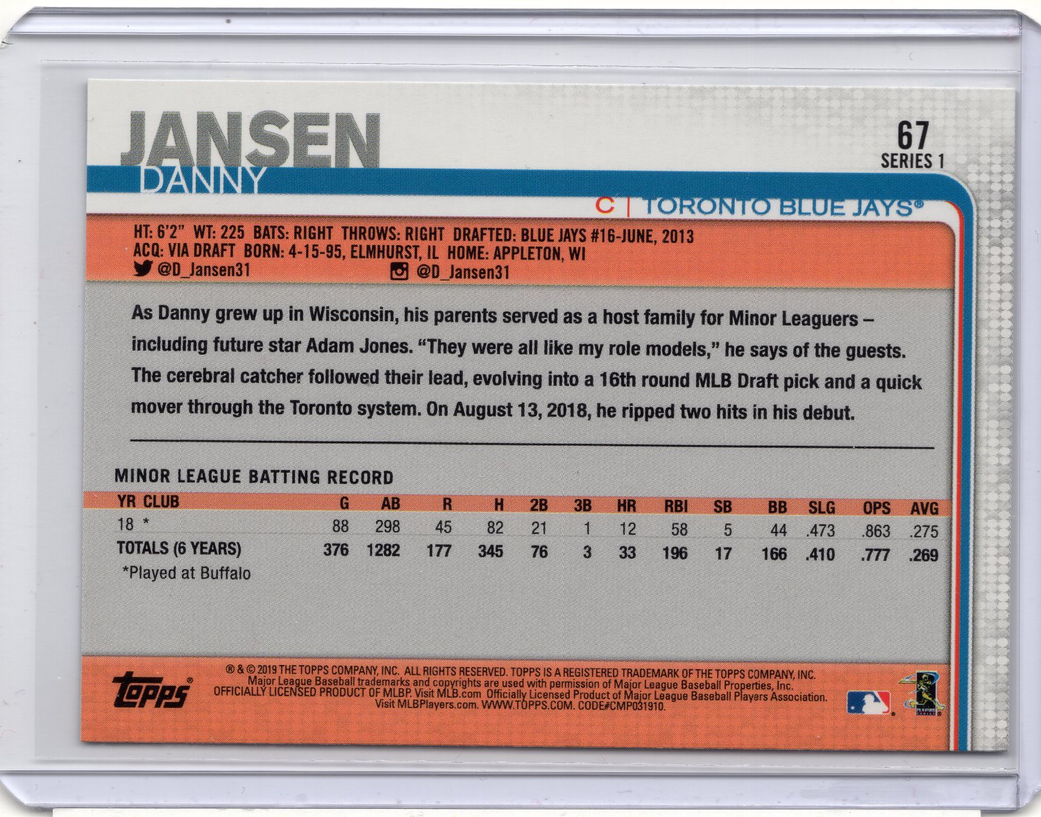 Danny Jansen 2019 Topps Series 1 Rookie card #67 Toronto Blue Jays