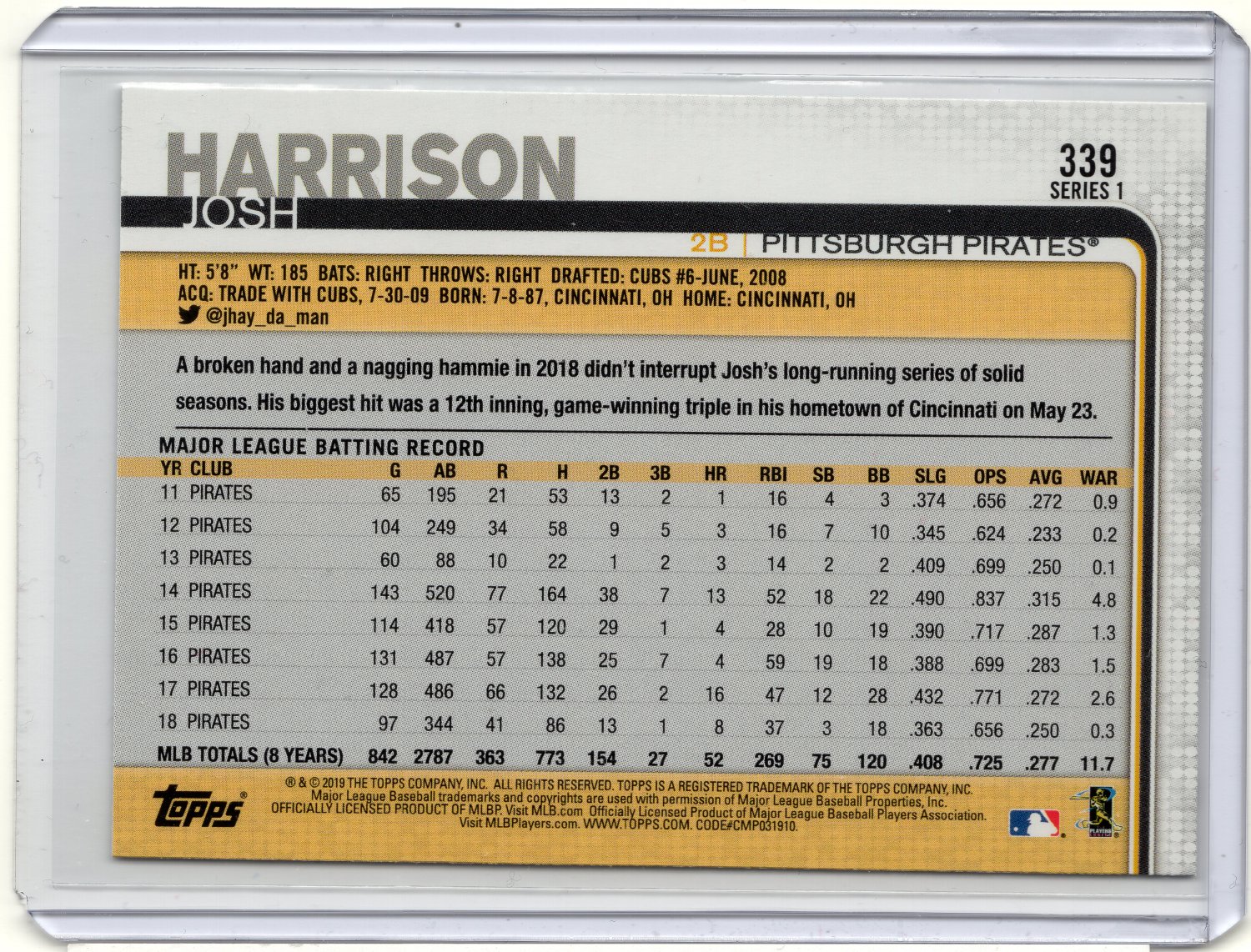 Josh Harrison 2019 Topps Series 1 card #339 Pittsburgh Pirates