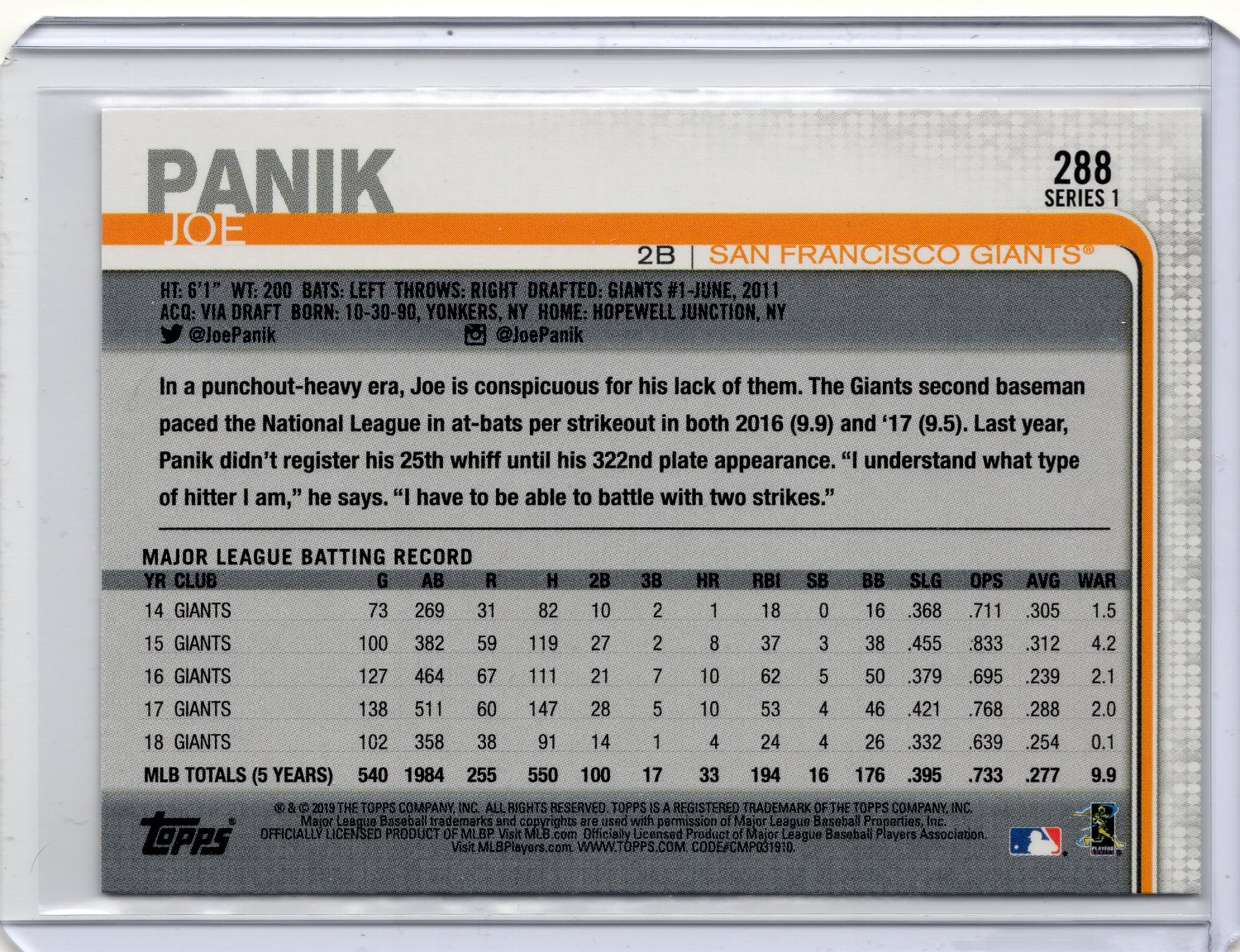 Joe Panik 2019 Topps Series 1 card #288 San Francisco Giants