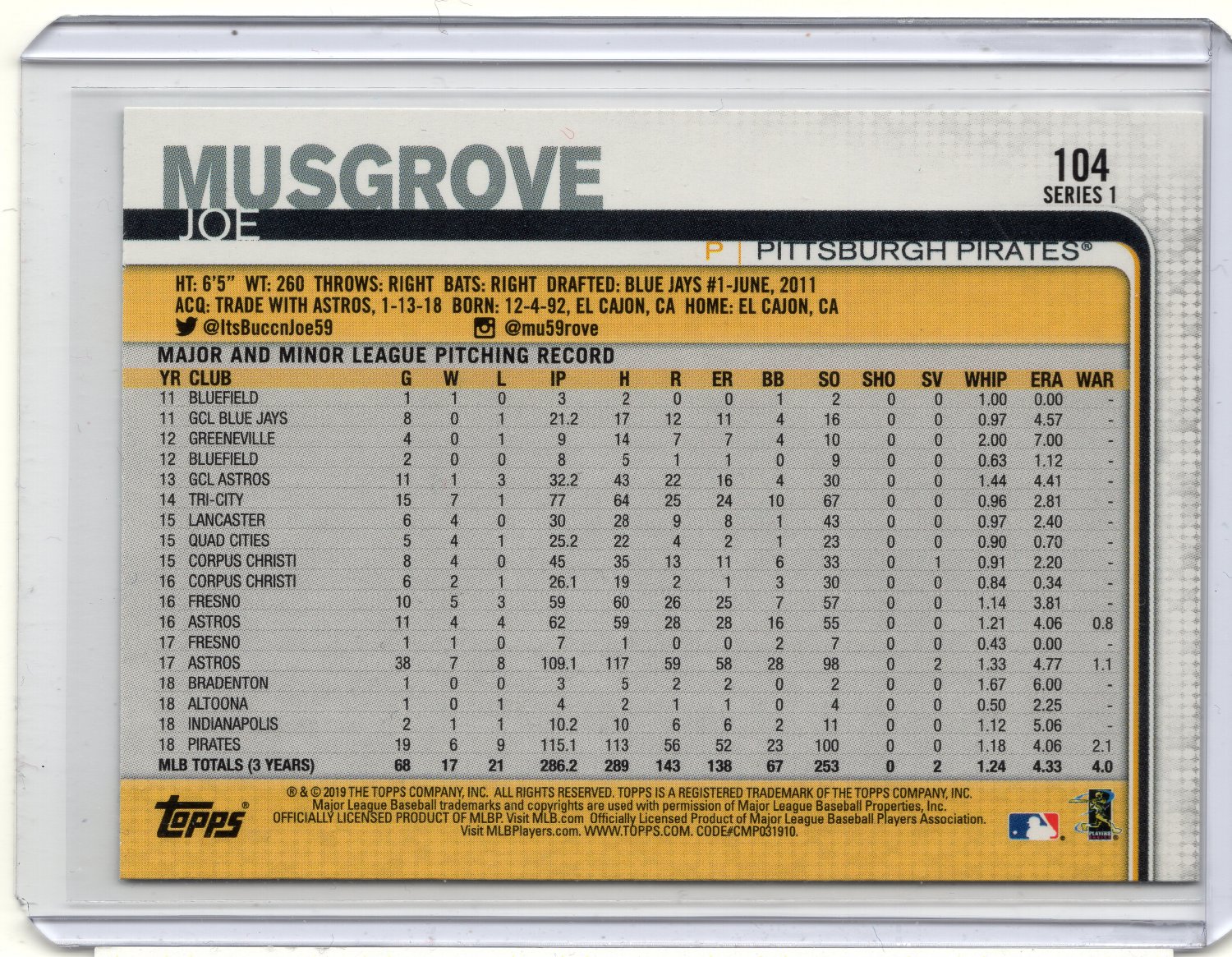 Joe Musgrove 2019 Topps Series 1 card #104 Pittsburgh Pirates