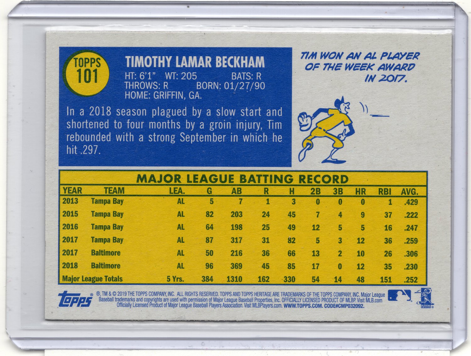 Tim Beckham 2019 Topps Heritage card #101 Baltimore Orioles