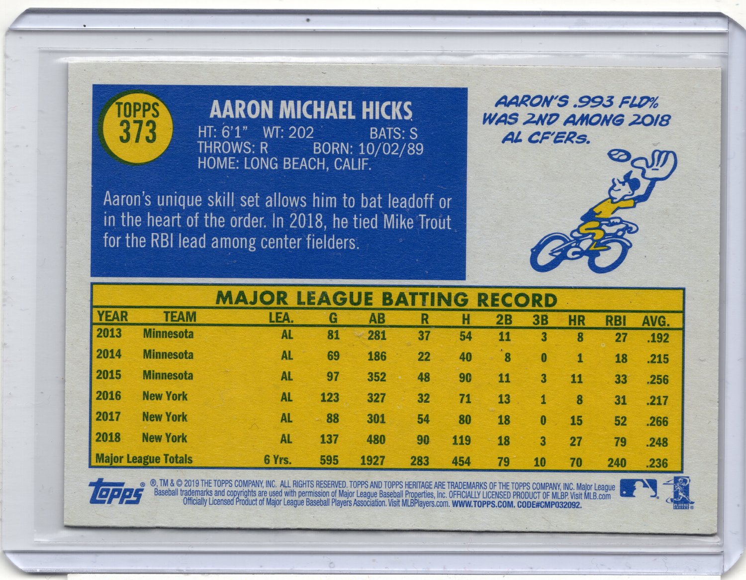 Aaron Hicks 2019 Topps Heritage card #373 New York Yankees