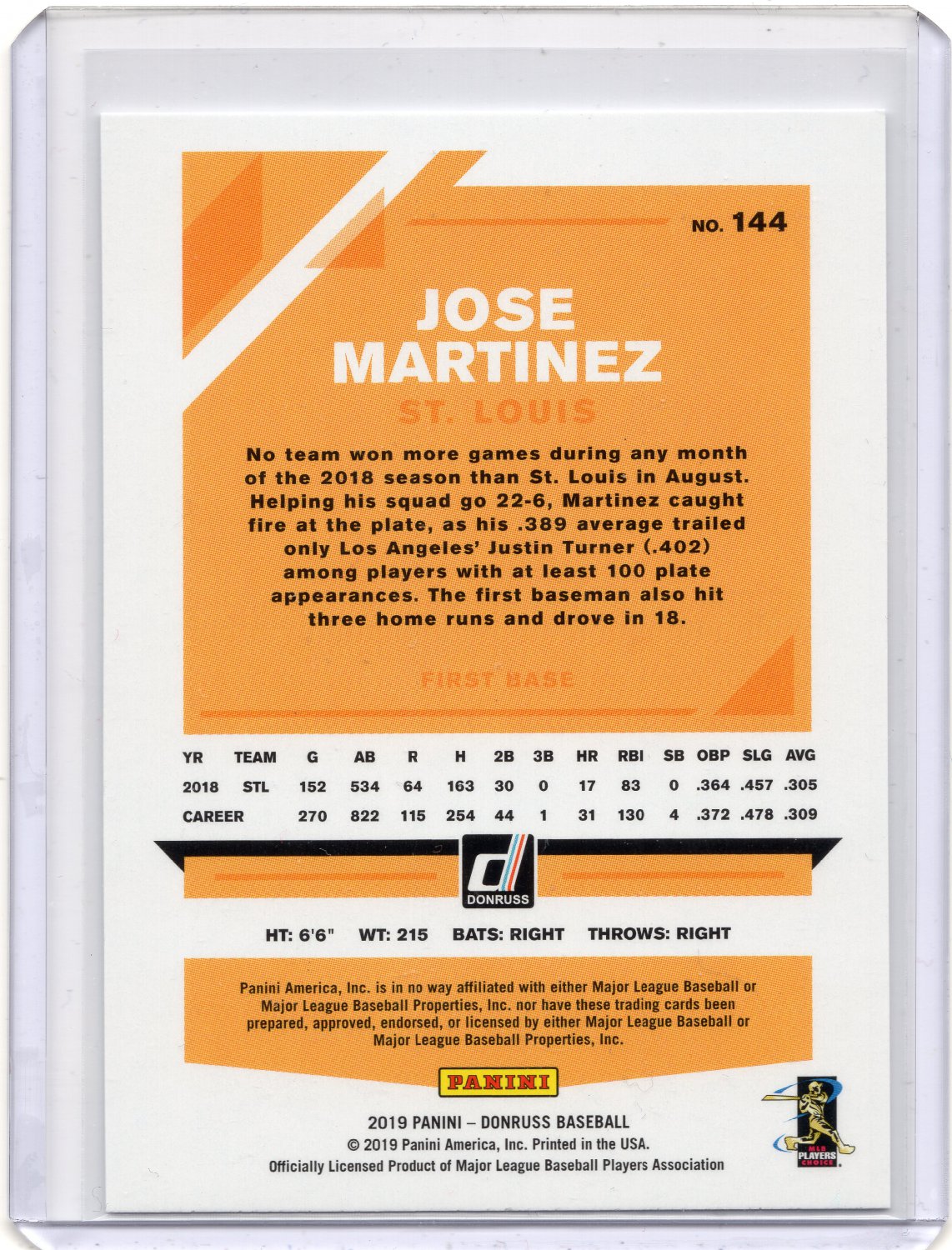 Jose Martinez 2019 Donruss card #144 St. Louis Cardinals