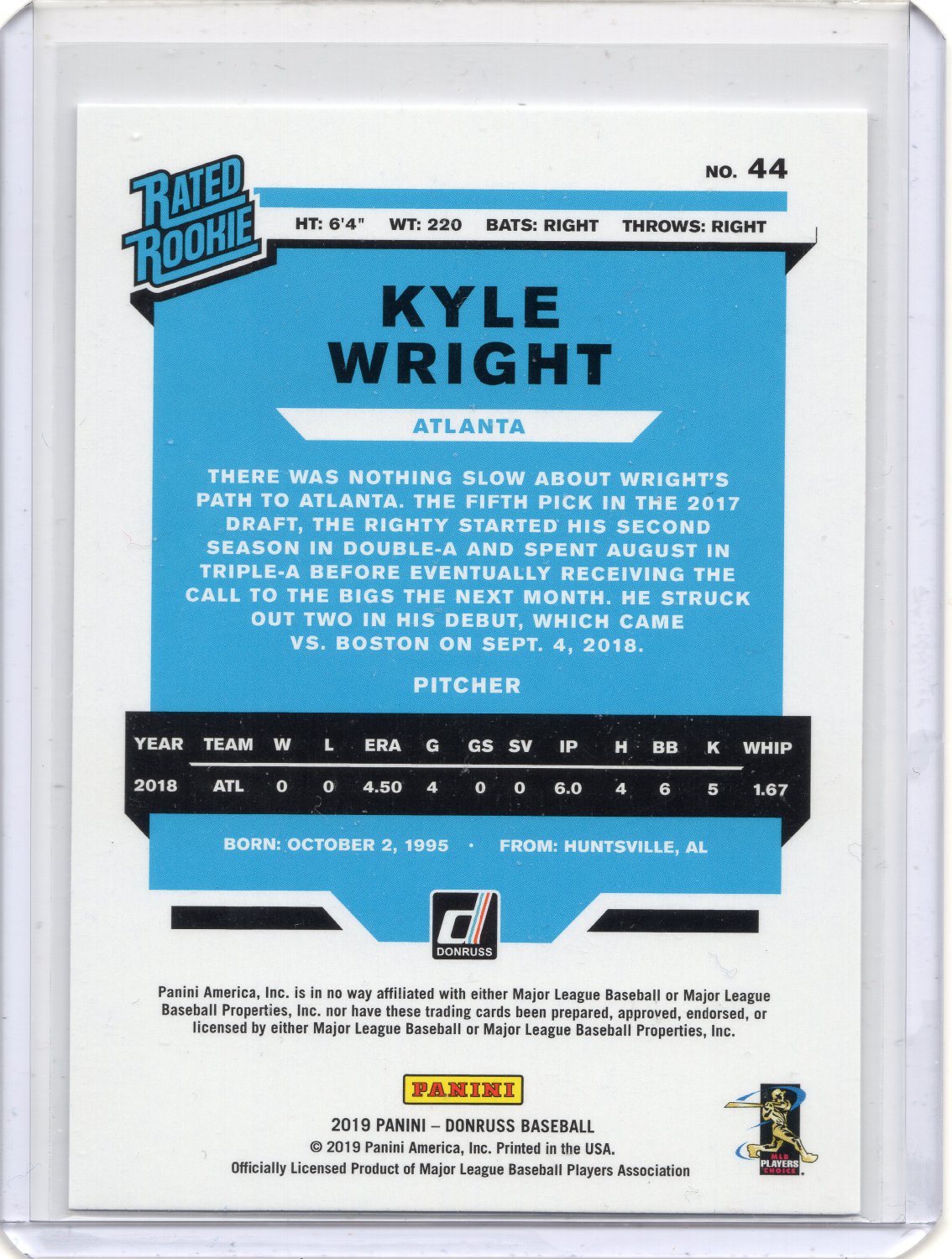 Kyle Wright 2019 Donruss Rated Rookies card #44 Atlanta Braves