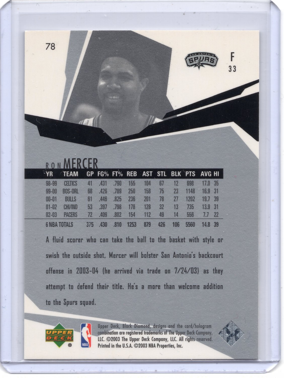 Ron Mercer 2003-04 Upper Deck Black Diamond card #78 San Antonio Spurs