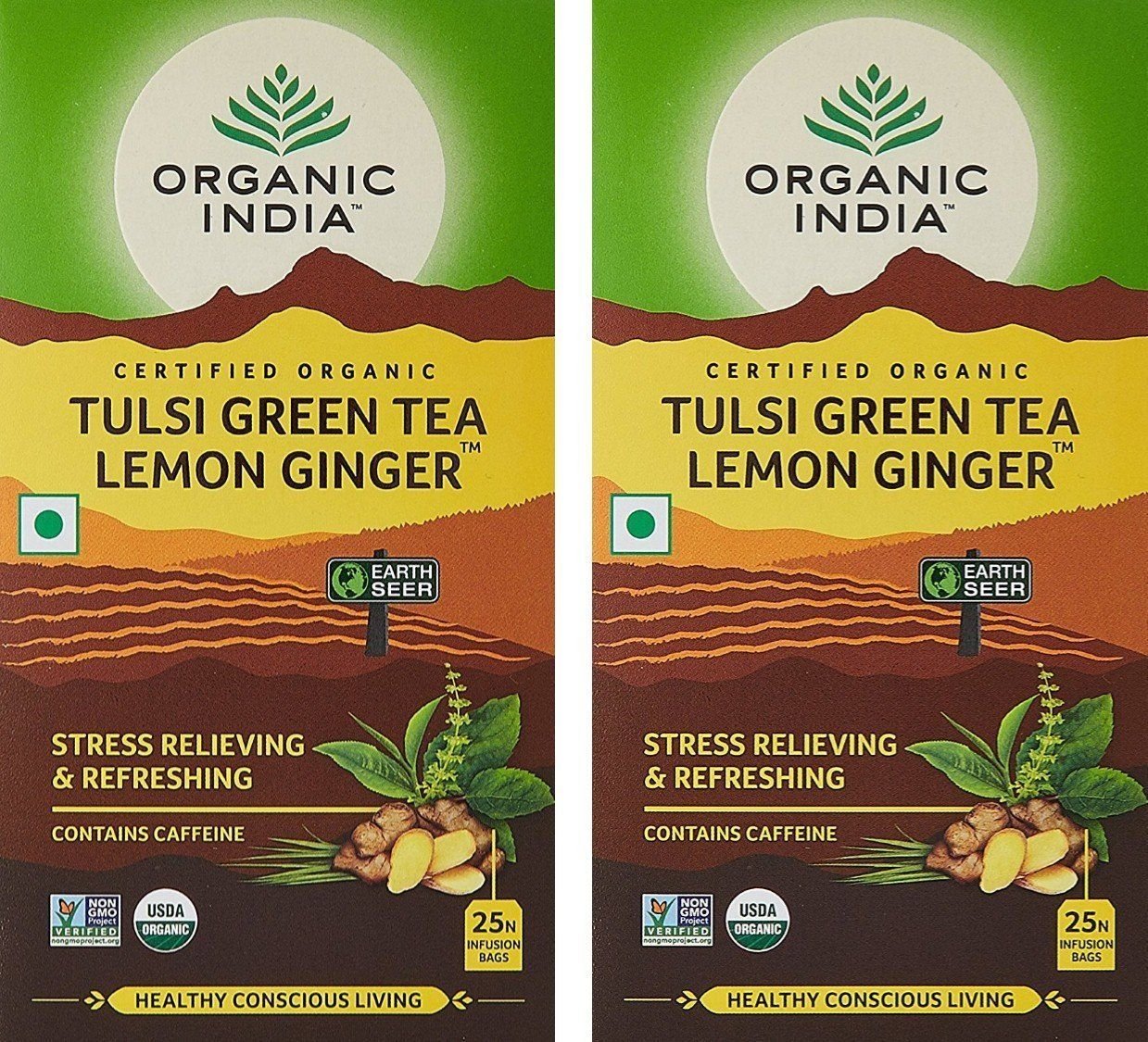 Organic India Lemon Ginger Tulsi Green Tea - 25 Tea Bags x 2 (50 Tea Bags)