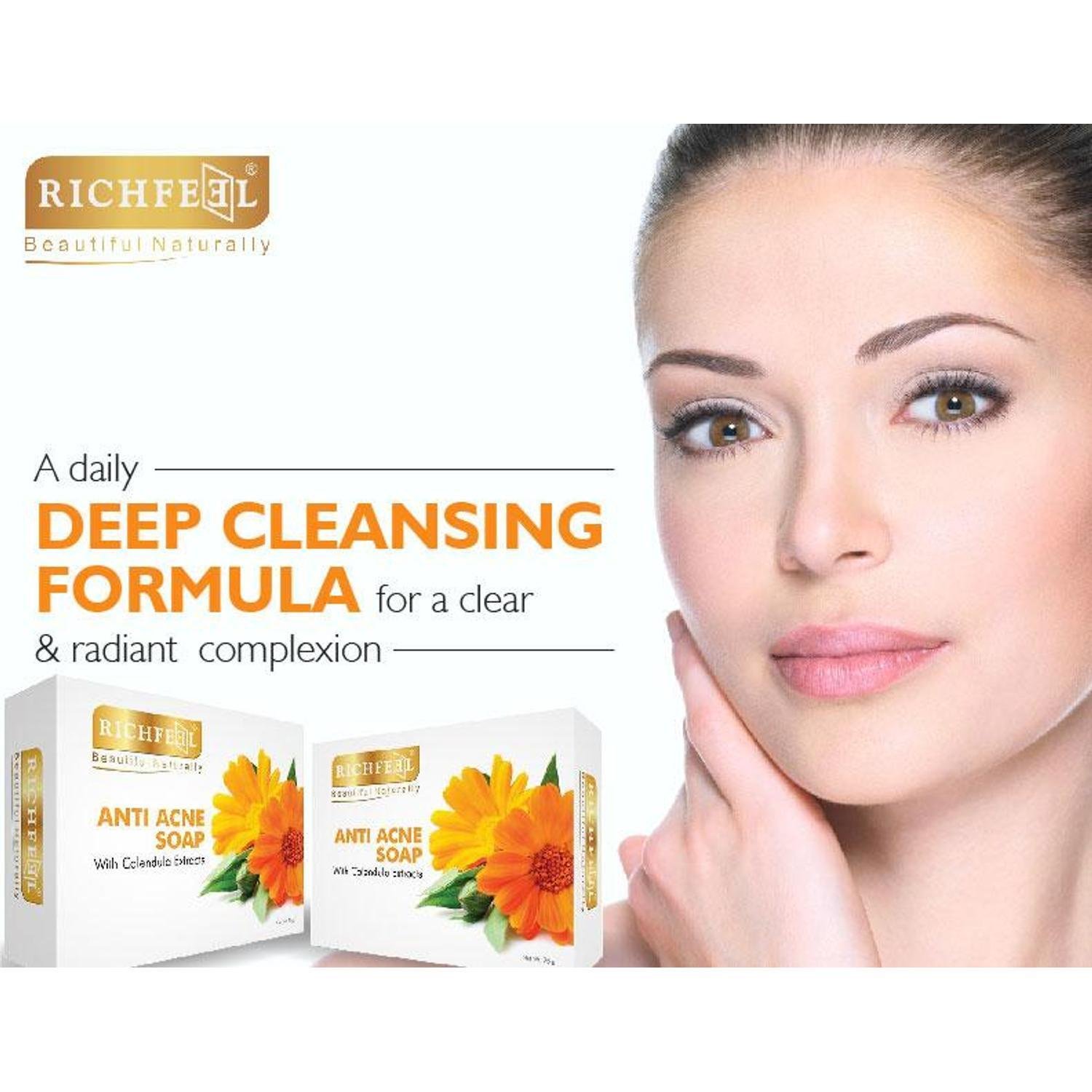 Richfeel Anti Acne Soap with Calendula Extracts 75gm x 6 (Pack of 6)