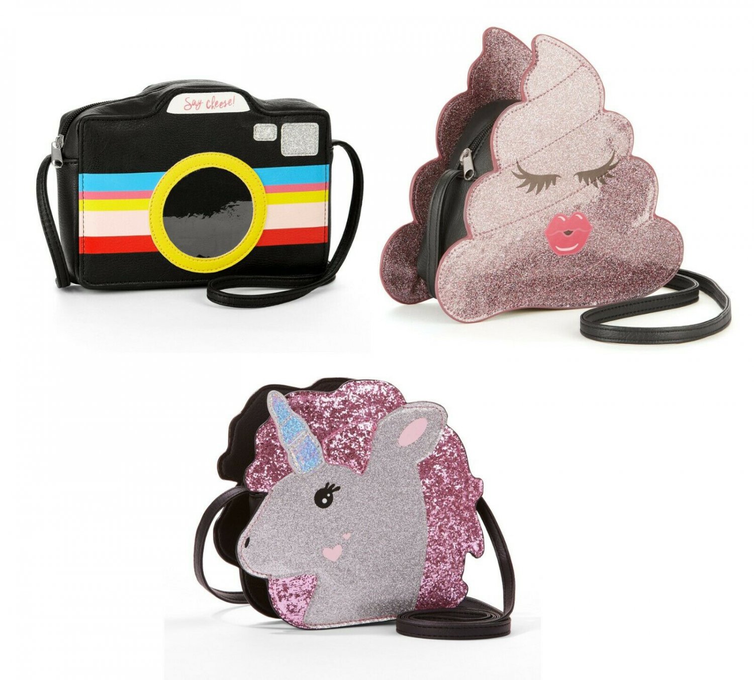 No Boundaries Glitter Emoji Poo Poop Camera Smile Unicorn Novelty Crossbody