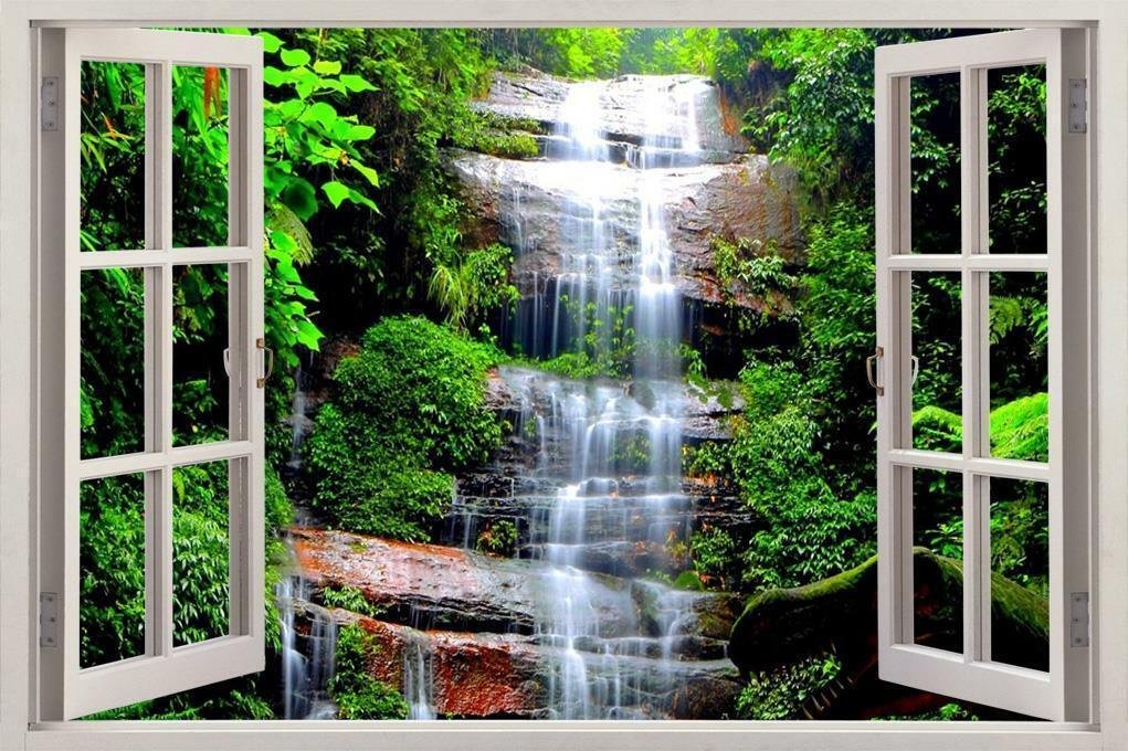 WATERFALL FOREST Dinosaur Fantasy 3D Window View Decal WALL STICKER Art