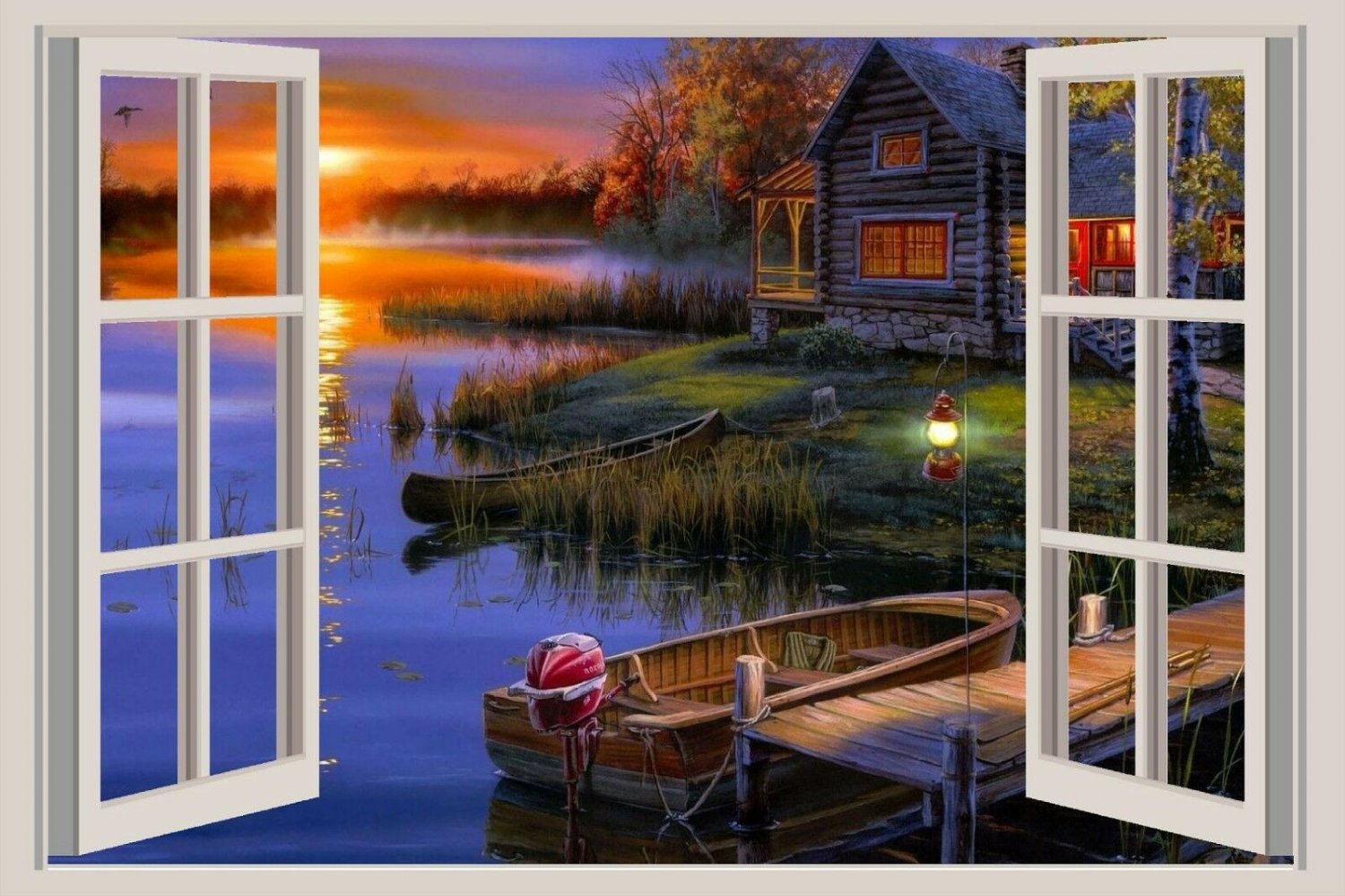 Autumn sunset at the lakeside house Window view Wall Sticker Home Decor Art