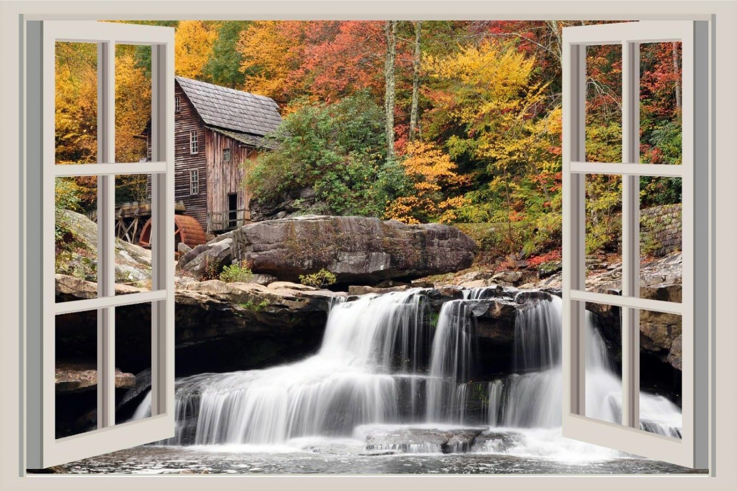 Water Wheel Waterfall Country Window View New England Wall Sticker ...