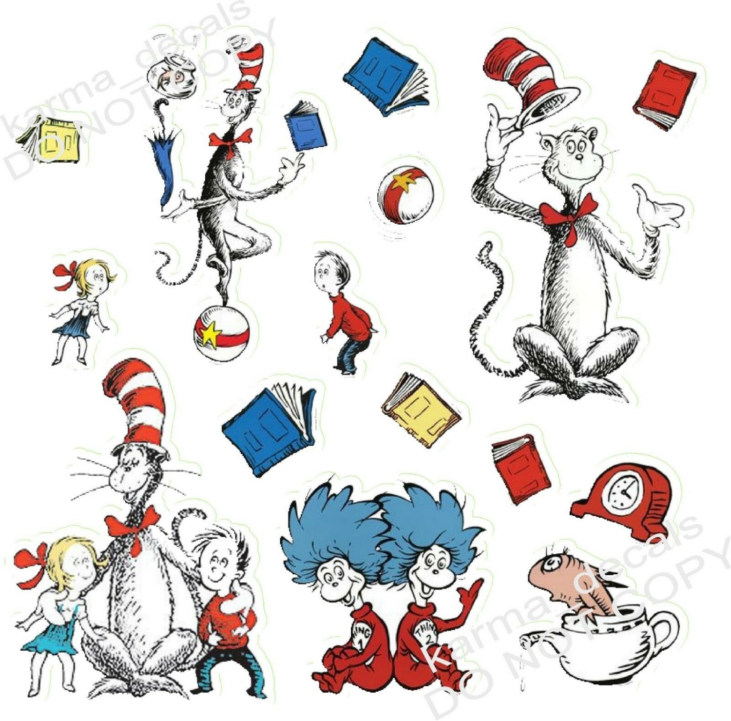 Dr Seuss Style set 15 STICKER SET decor ART KIDS DECAL 14" cat in the hat