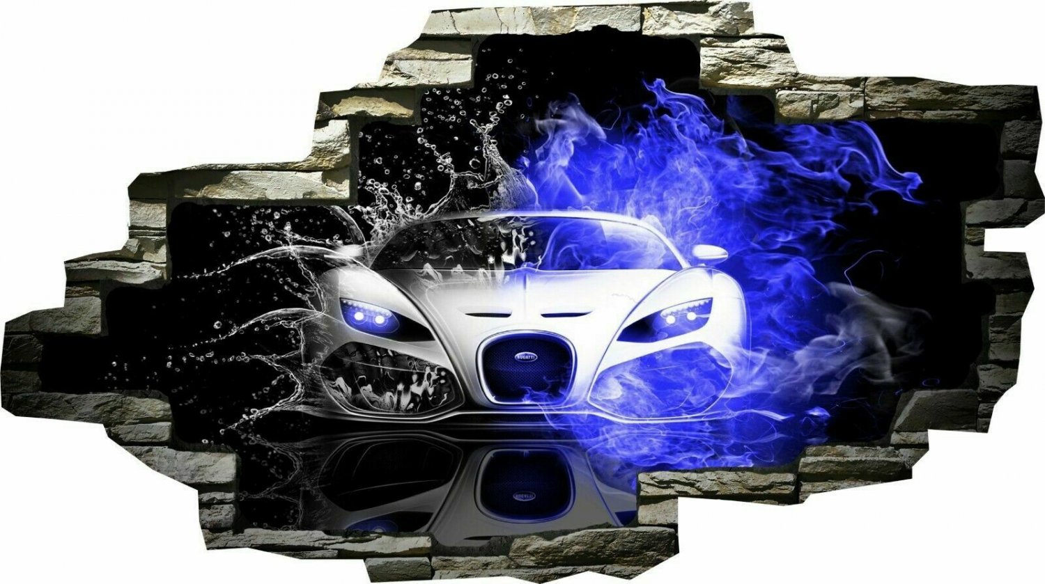Super Sports Car Racing Bugatti 3d Smashed Wall View Sticker Poster ...