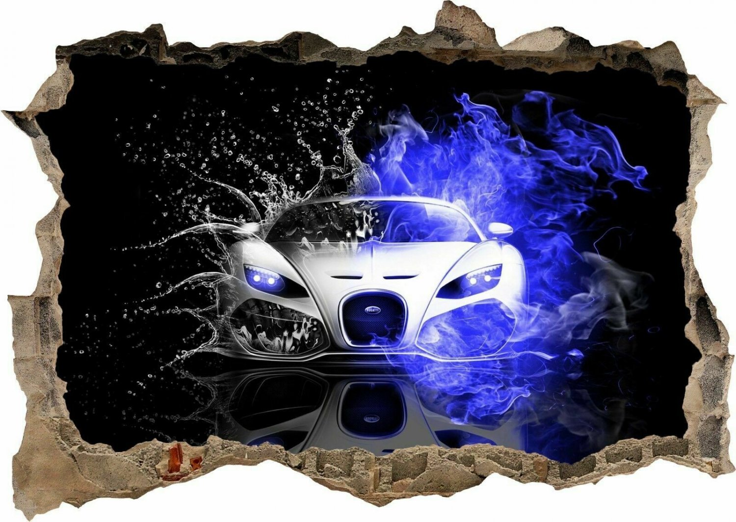 Super Sports Car Racing Bugatti 3d Smashed Wall View Sticker Poster ...