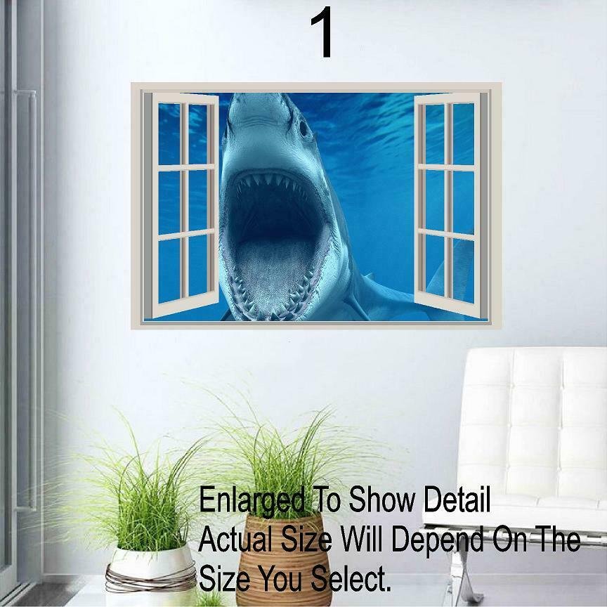 Shark Attack Under Water Ocean Teeth Window View Decal WALL STICKER Art ...