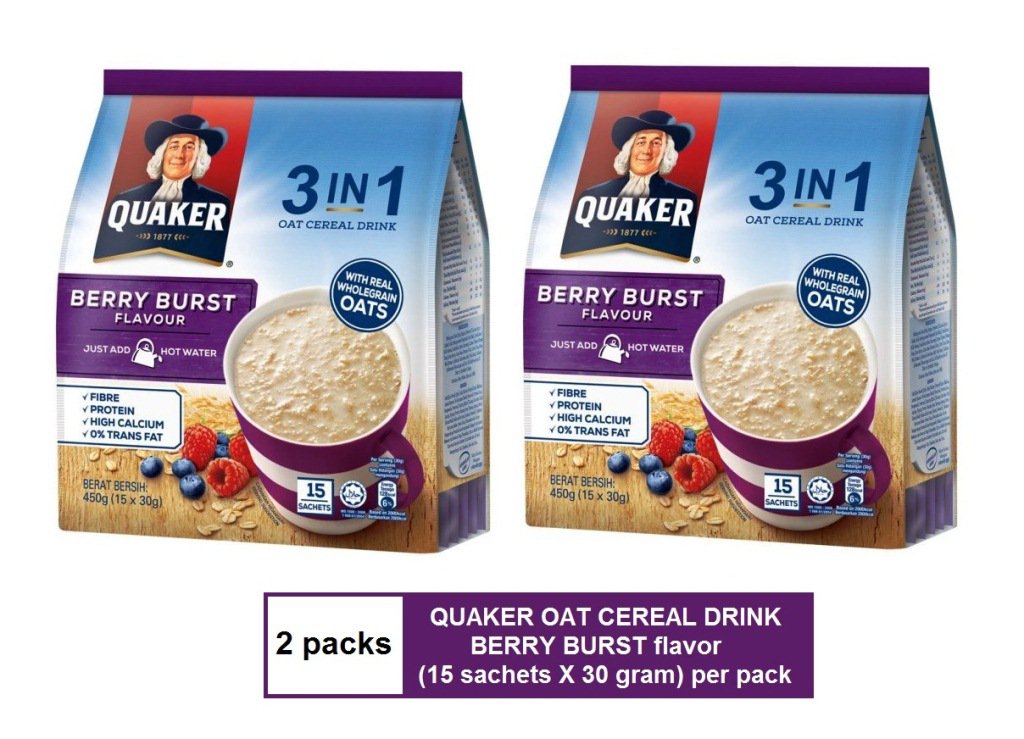 (2 packs) QUAKER OAT CEREAL DRINK 3-IN-1 BERRY BURST (15 sachets X 30 gram)