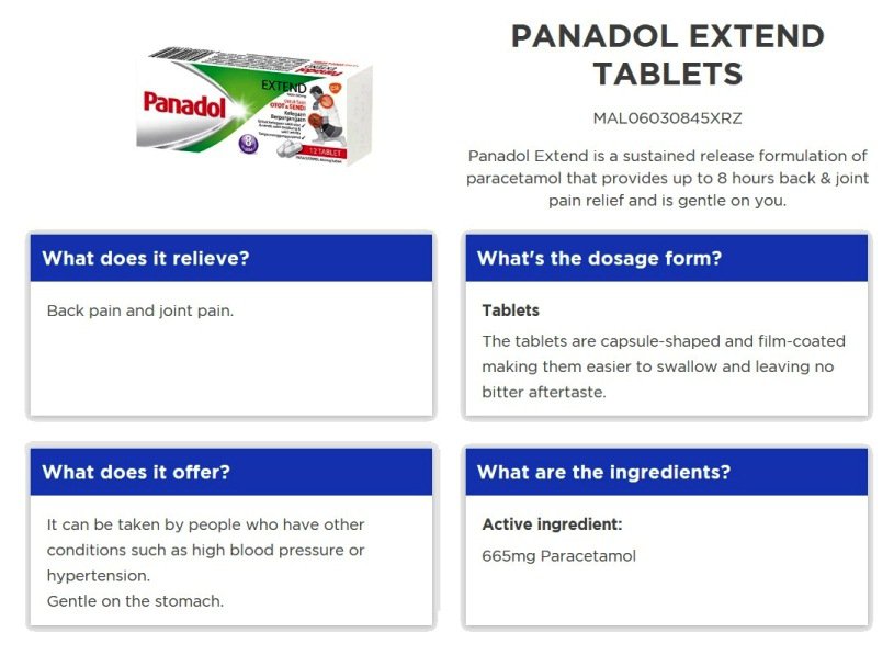 PANADOL EXTEND 665mg PARACETAMOL 12 TABLETS for MUSCLE, BACK & JOIN PAIN