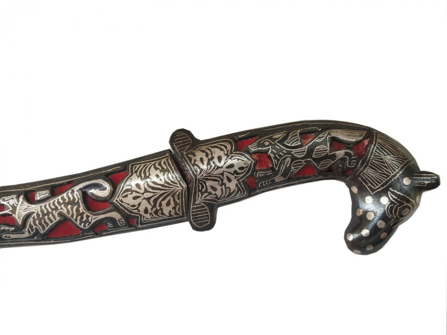 Decorative Dagger Damascus Blade Koftgiri Silver Work With Carved Handmade