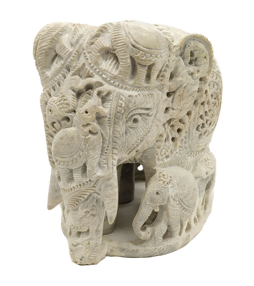 Handmade Sand Stone Undercut Trunk Down Carving Elephant With Baby