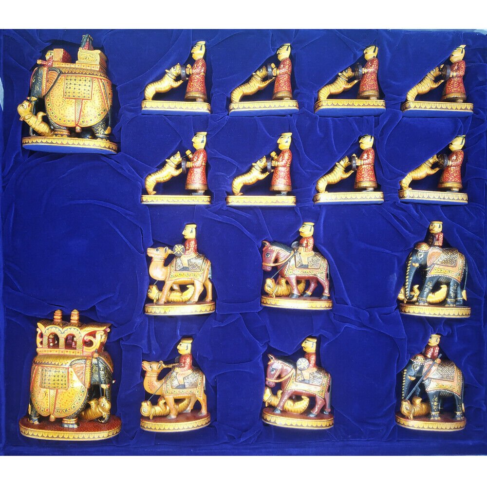 Wooden Chess Set Hand Carved Tiger Hunting Indian Figure Chess