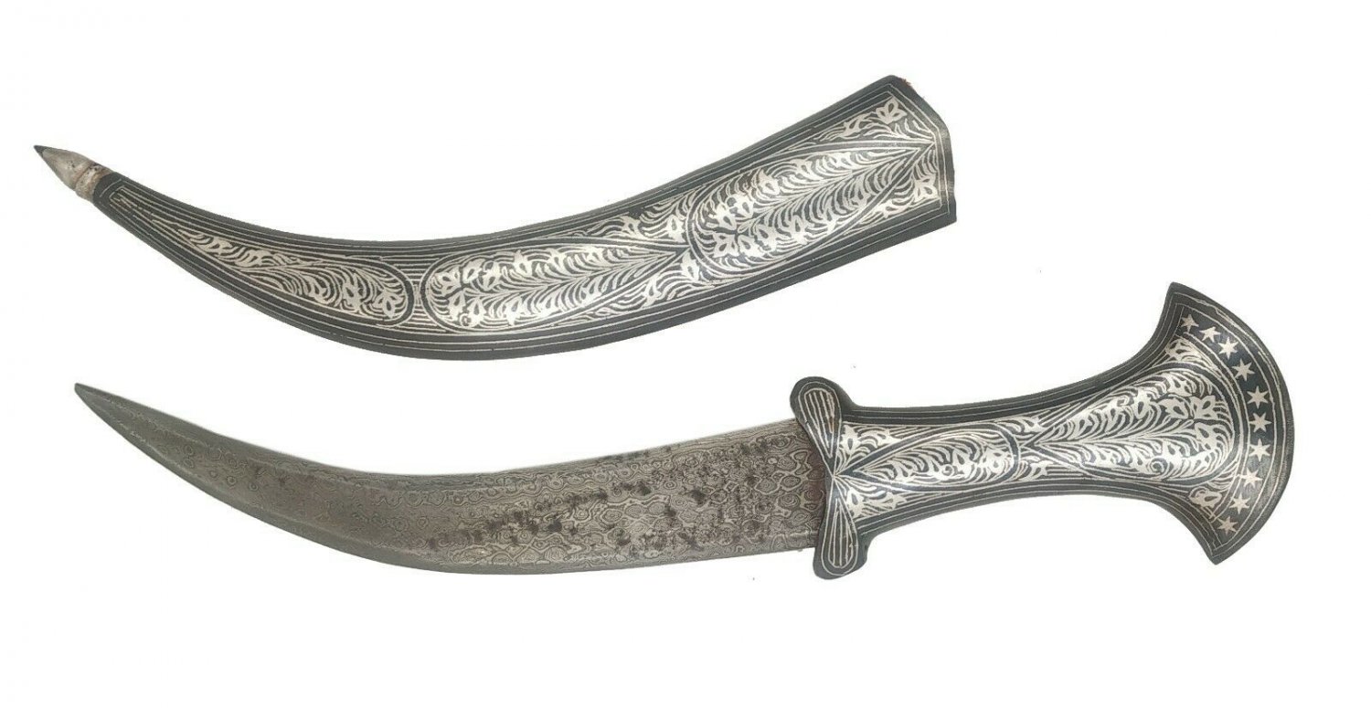 Dagger Handcrafted Engraved Silver work Koftgiri Damascus Blade 14 Inch