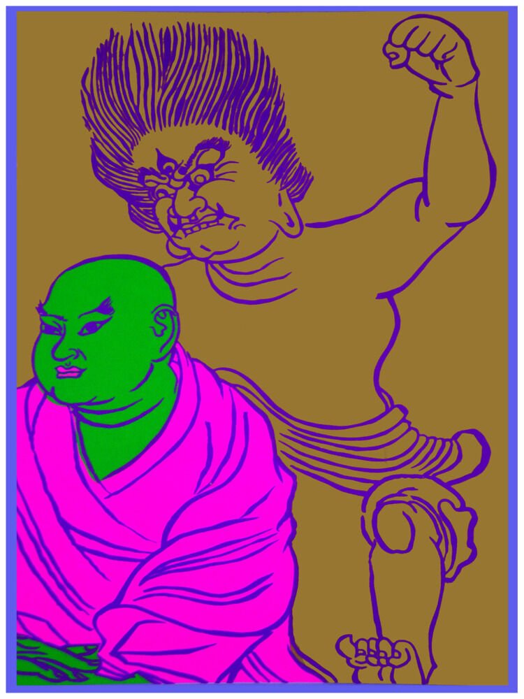 5266.Green Buhdda in pink robe.demon in background.POSTER.decor Home ...