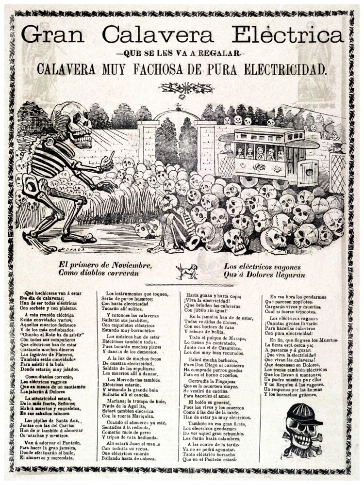 4221.Gran Calavera Electrica.Mexican poem POSTER.Dia de Muertos Skull art