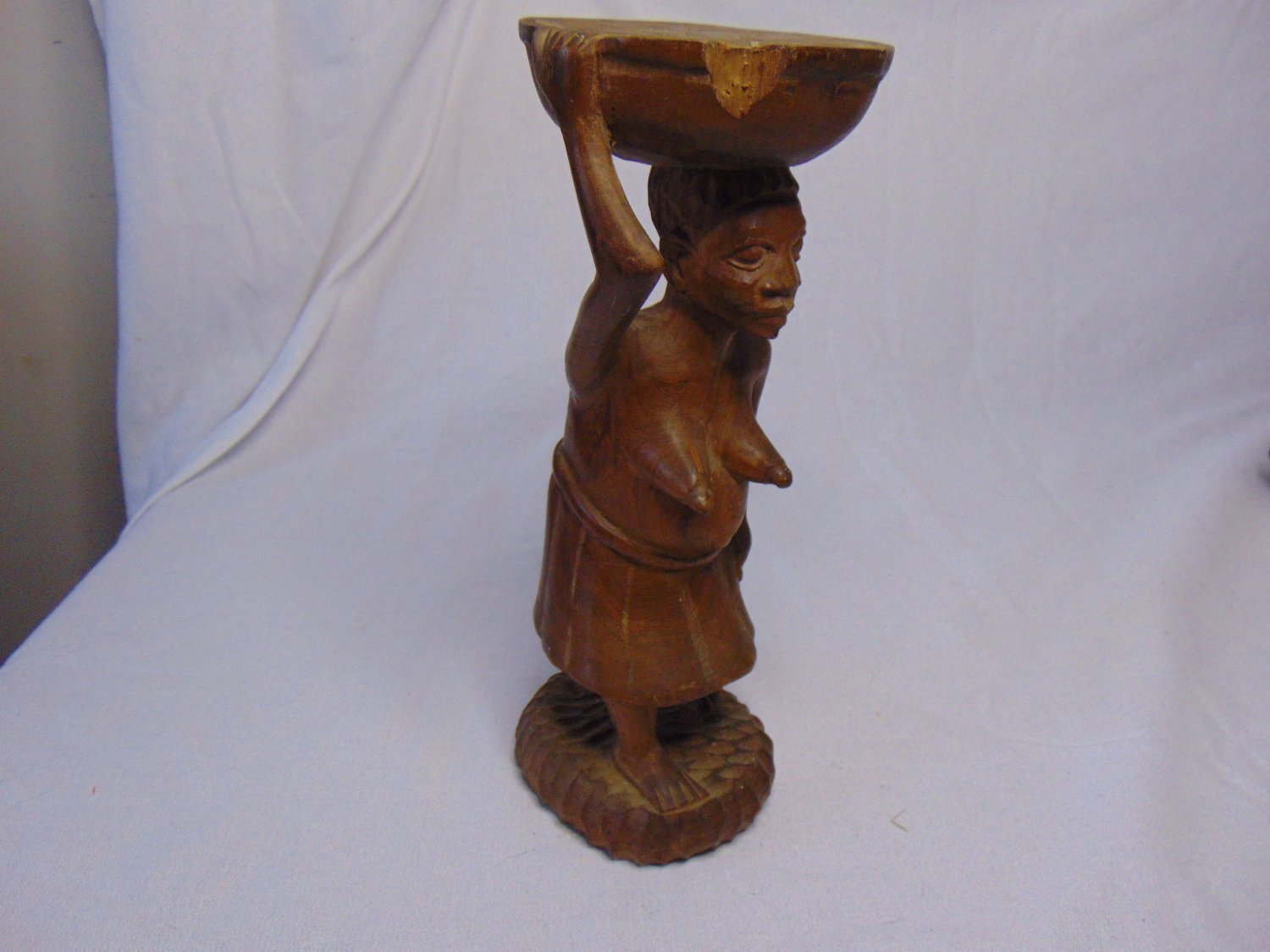 Wooden Lady Statue - Folk Art of a woman with a bowl on her head - All wood
