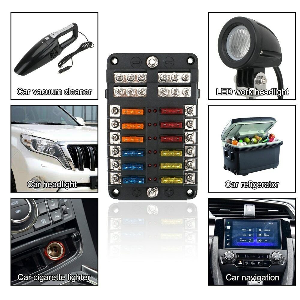 Auto Car 6 12 Ways Blade Fuse Block 12 32V Fuse Box Holder M5 With LED ...