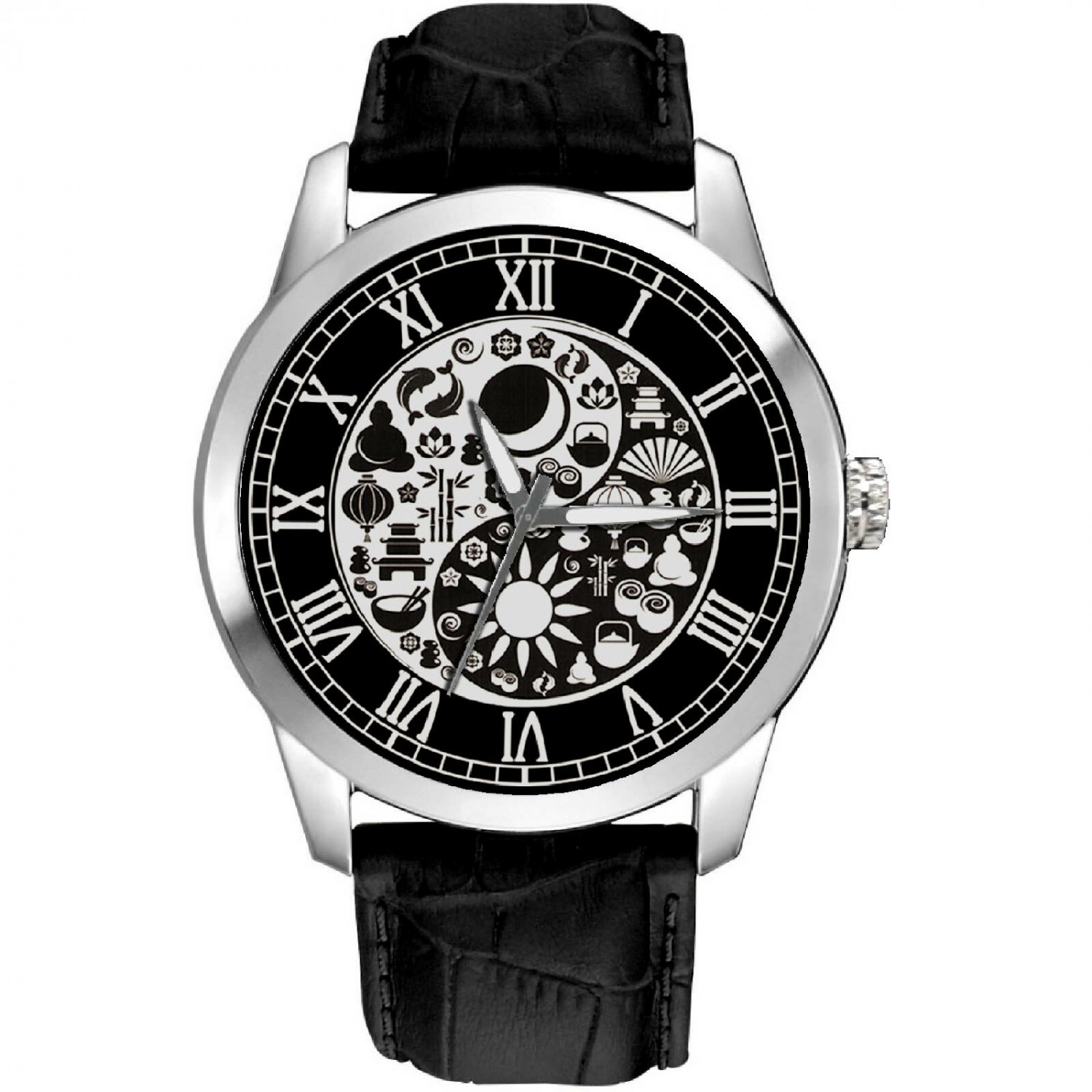 CLASSIC CHINESE YIN YANG SYMBOLIC ART LARGE 40 mm CHROMED BRASS WRIST WATCH
