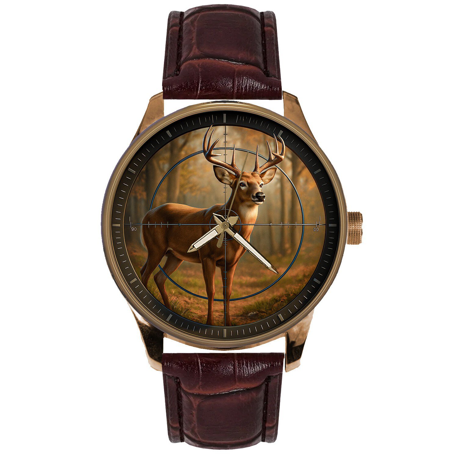 HUNTING WATCH. VINTAGE ANTIQUE BRASS DEER HUNTER GUNSIGHT ART DIAL MENS ...