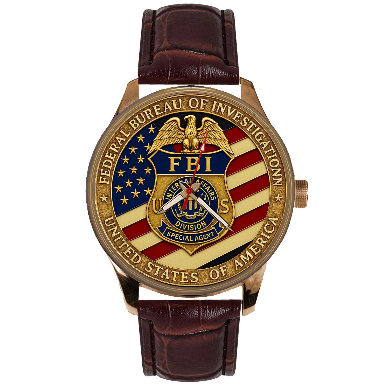 FBI SPECIAL AGENT BADGE USA COLORS GOLD MEDALLLION FINISH SOLID BRASS WATCH