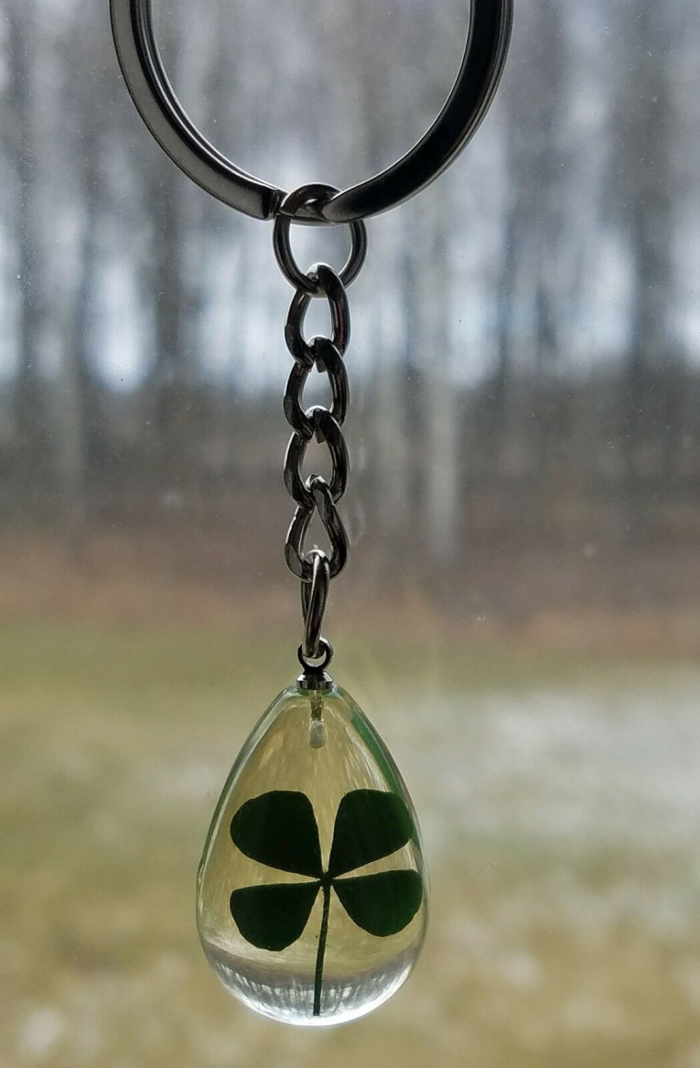 Real Four Leaf Clover Key Chain Key Ring 4 Leaf Clover Shamrock Irish