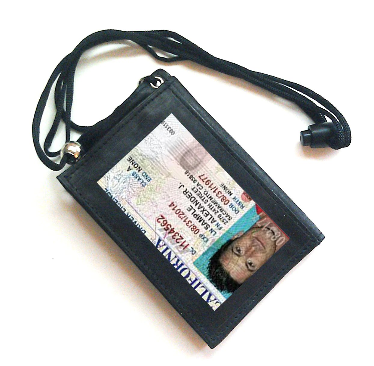 RFID BLocking Black Genuine Leather Neck Strap ID Badge 6 Credit Card ...
