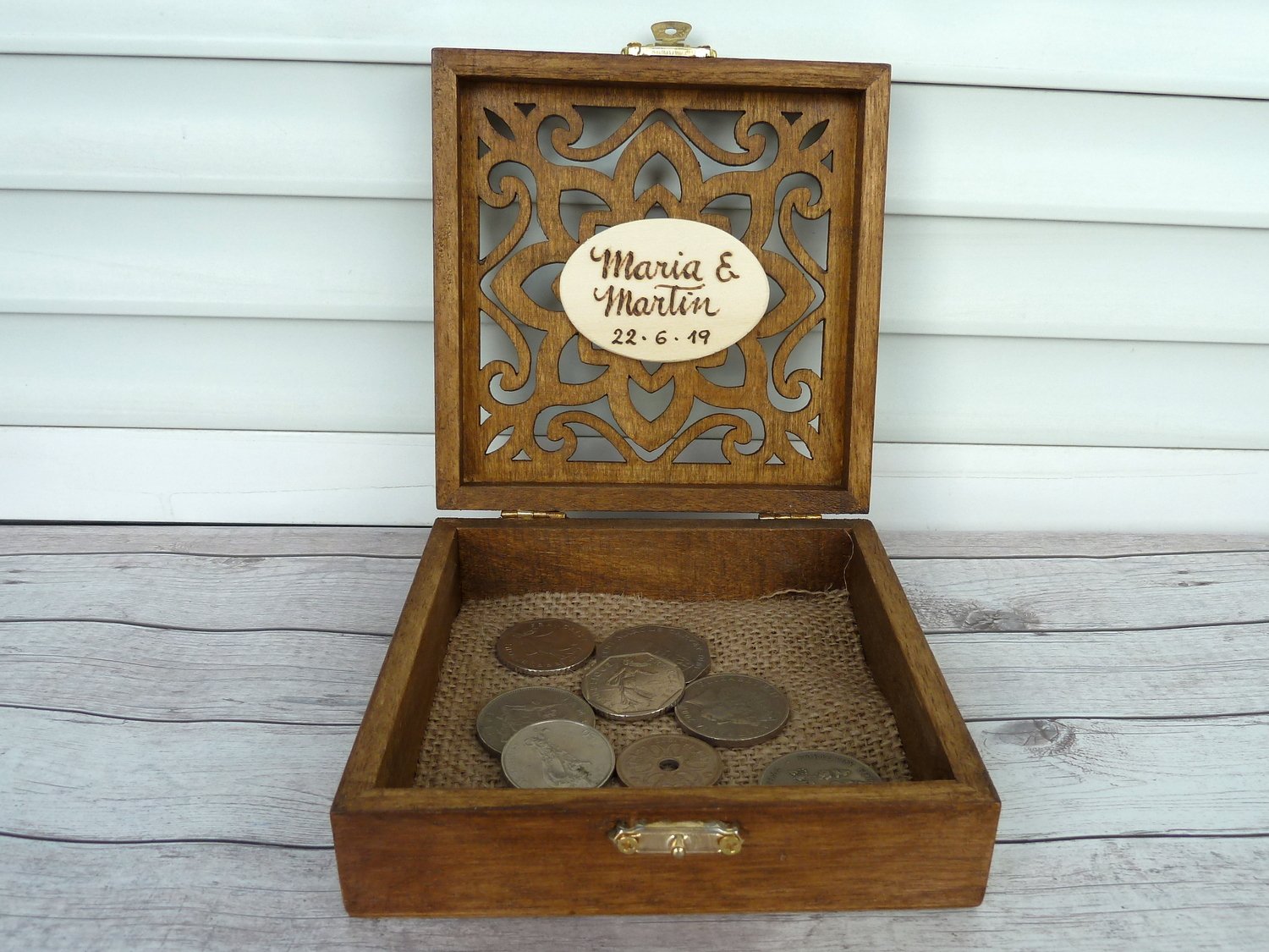 Wedding Arras Coins Box. Personalized, Engraved Ducat Box. Wedding Gift