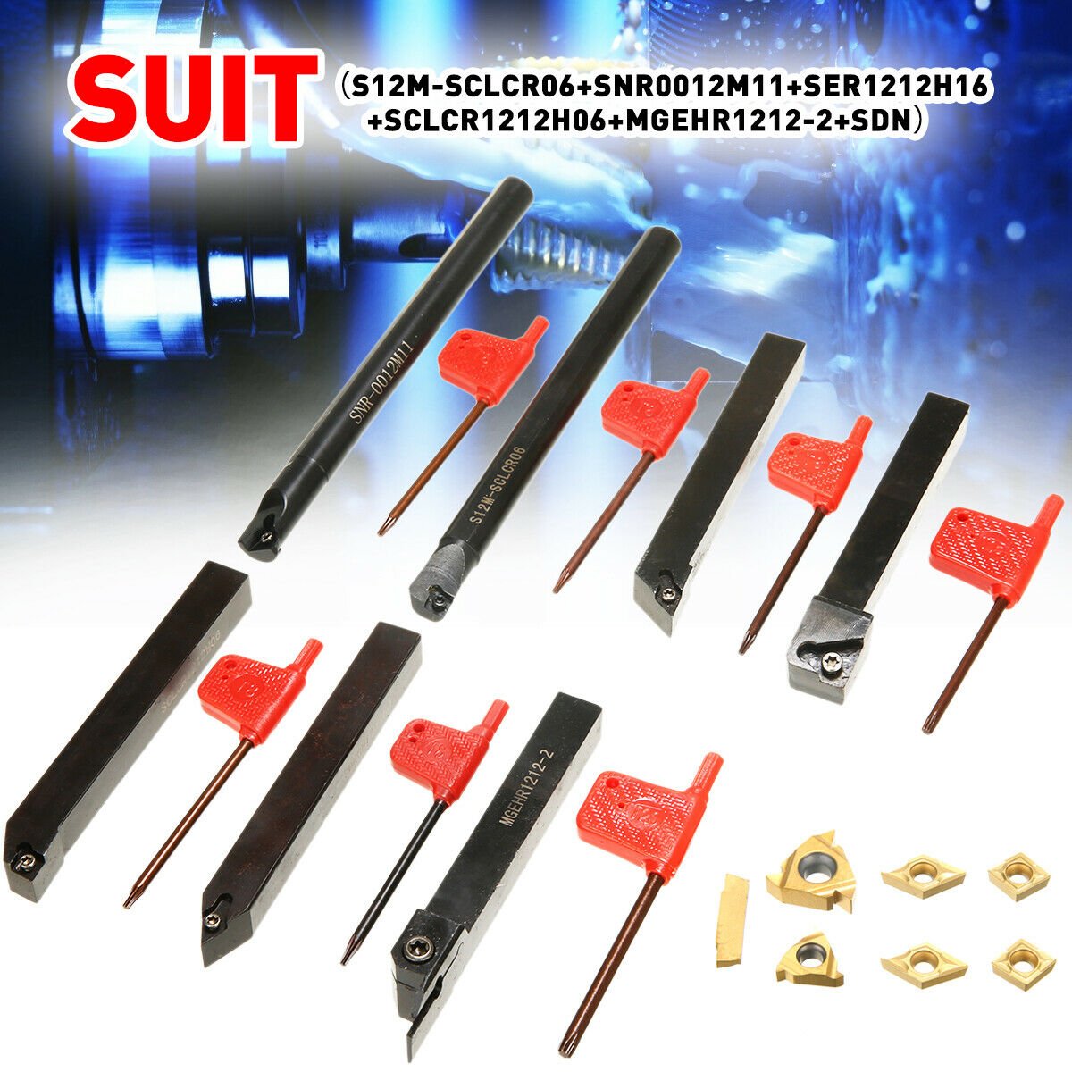 7 Set DCMT CCMT Carbide Insert + 12mm Lathe Turning Tool Holder Boring ...