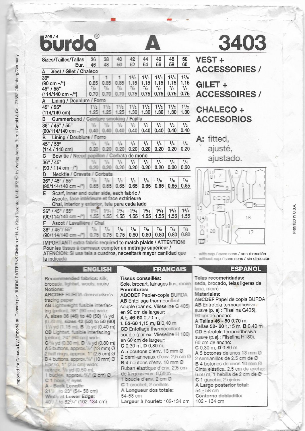 Burda 3403 Fitted Vest and Accessories, Sizes 36 to 50,Vest, 3 type ...