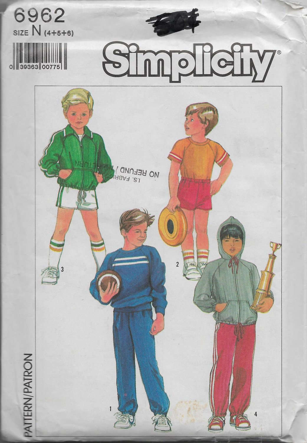 Simplicity 6962 Boys Sports Wear Tops Jackets Pants Shorts Sizes 4/5/6