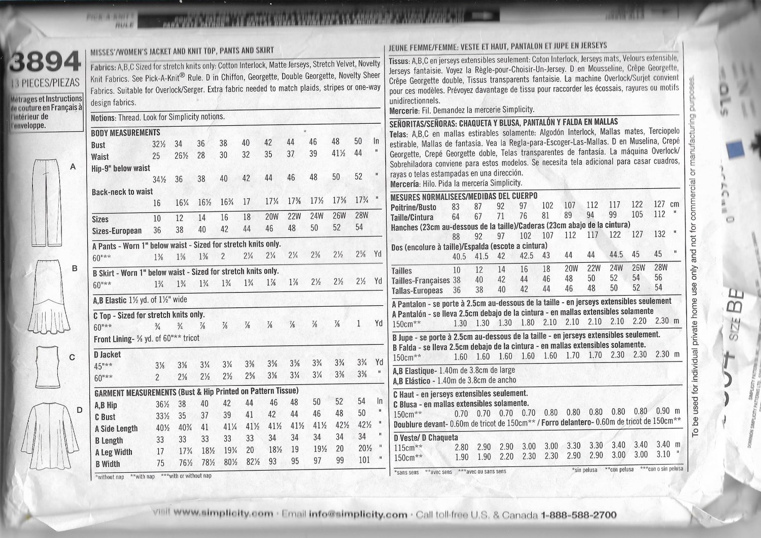 Simplicity 3894 Women Jacket Knit Top Pants and Skirt Sizes 20w to 28w