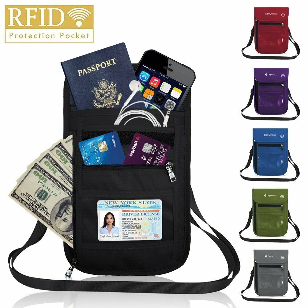 RFID Blocking Passport ID Card Holder Travel Wallet Bag Anti-theft Neck ...