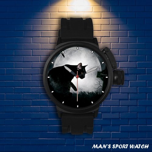 Brand New Black Cat Full Moon Characters Custom Man's Sport Watch by ...